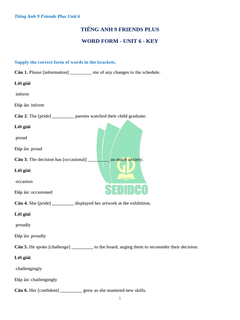 Tiếng Anh 9 Friends Plus - Unit 6 - Word Form KEY | PDF