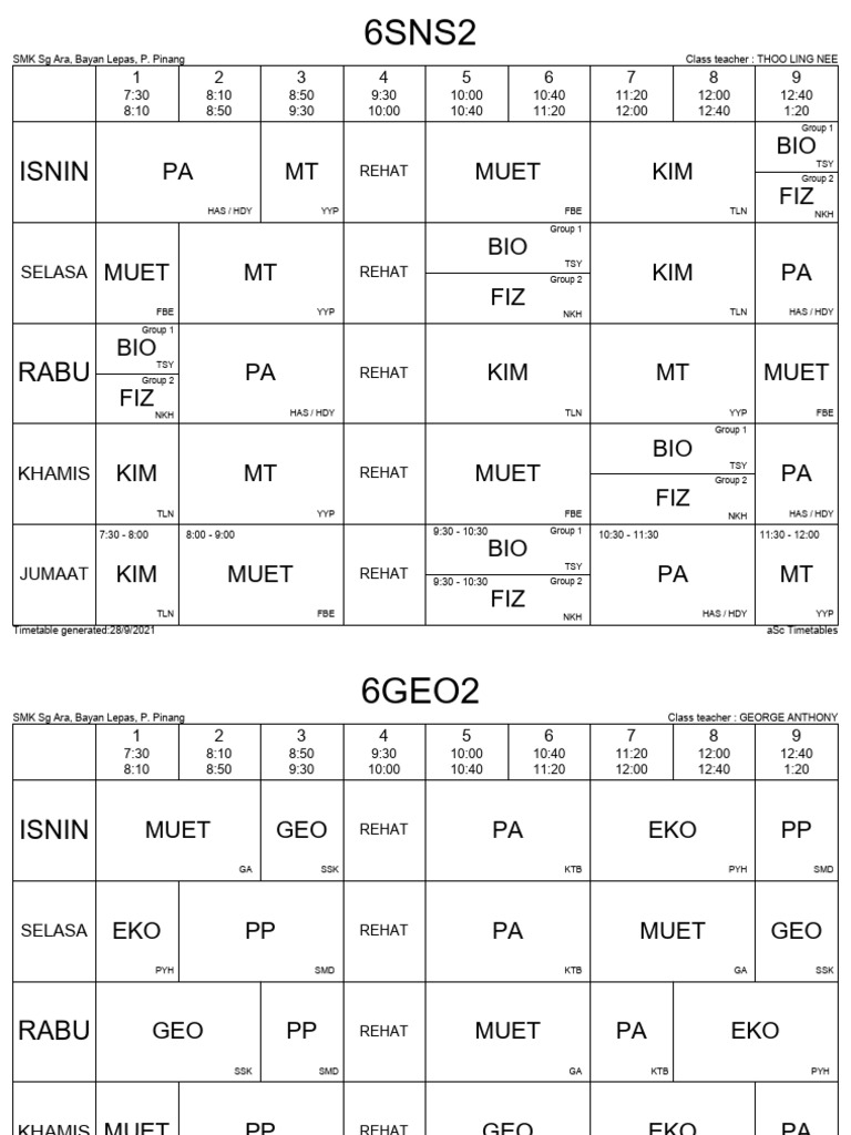 (Classes) Timetable October 2021 | PDF