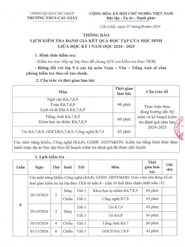 HS - TB LICH KIEM TRA GIUA HKI | PDF