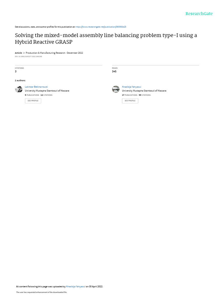 Solvingthemixedmodelassemblylinebalancingproblemtype Iusinga Hybrid Reactive GRASP | PDF ...