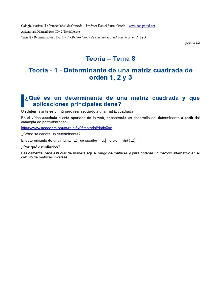 Teor+â-¡a - 1 - Determinante de una matriz cuadrada de orden 1, 2 y 3 ...