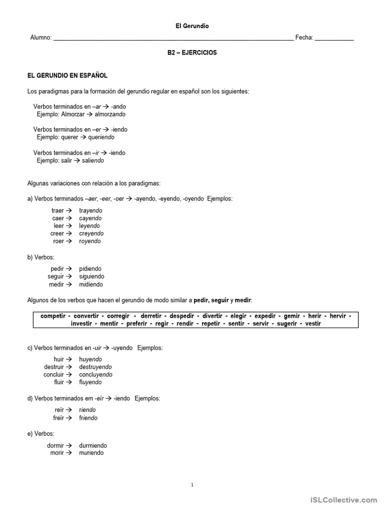 Ejercicios sobre el Gerundio en Español | PDF | Mecánica del lenguaje ...
