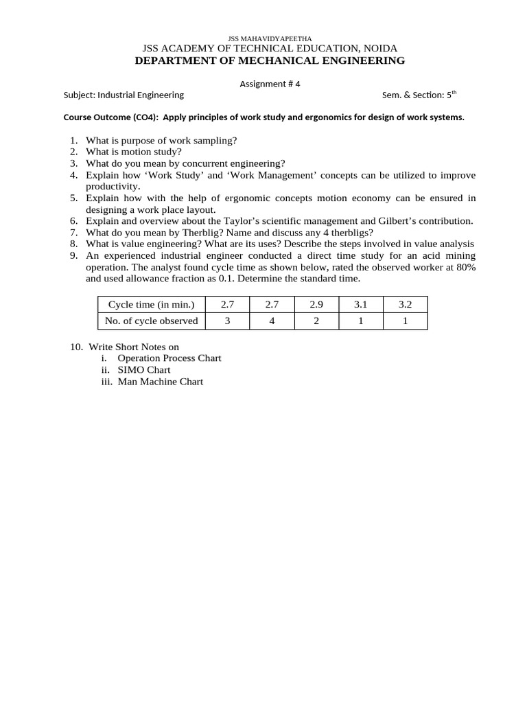 Industrial Engineering Work Study Assignment | PDF