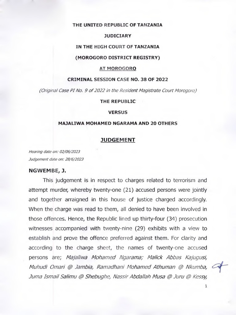 Tanzania High Court Terrorism Case Judgment | PDF | Crimes | Crime ...