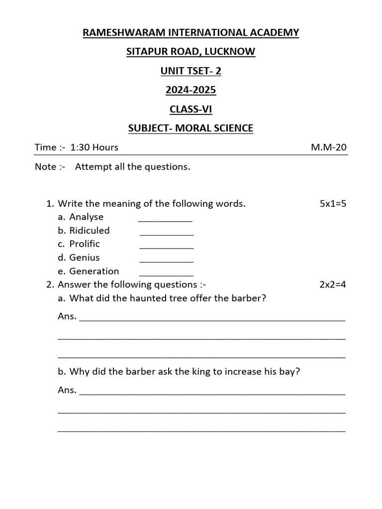Class VI Moral Science Exam 2024-25 | PDF