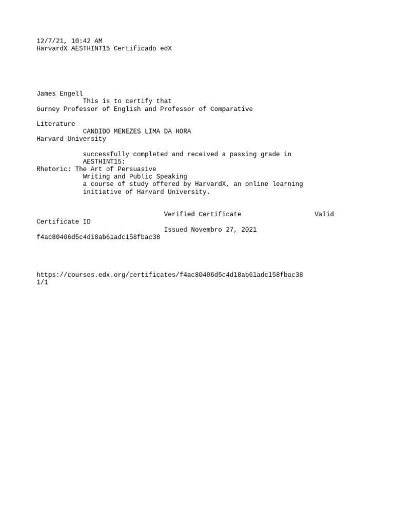 HarvardX AESTHINT15 Certificate | PDF
