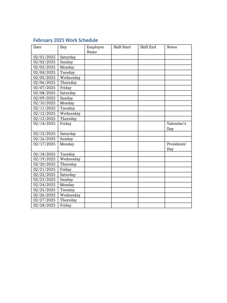 February 2025 Work Schedule | PDF