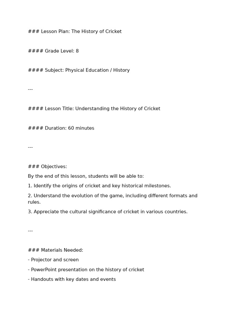 Cricket History Lesson Plan for Grade 8 | PDF | Cricket | England ...
