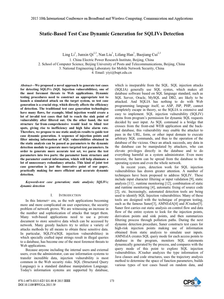Static Based Test Case Dynamic Generation For Sqlivs Detection Pdf