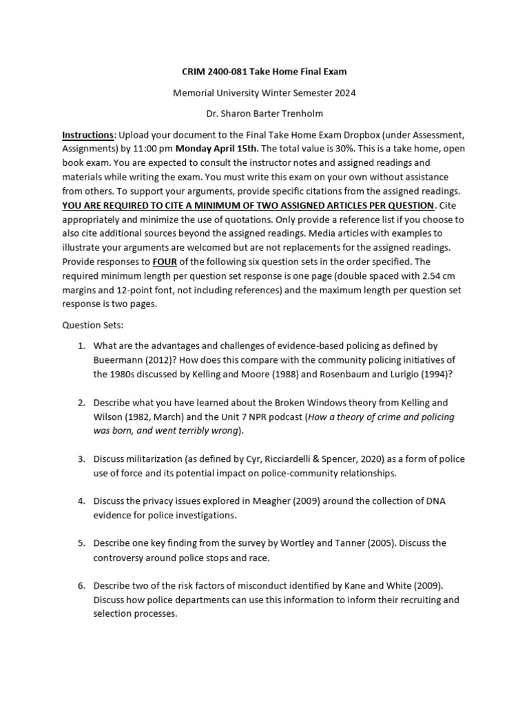 CRIM 2400 Take Home Exam Instructions | PDF