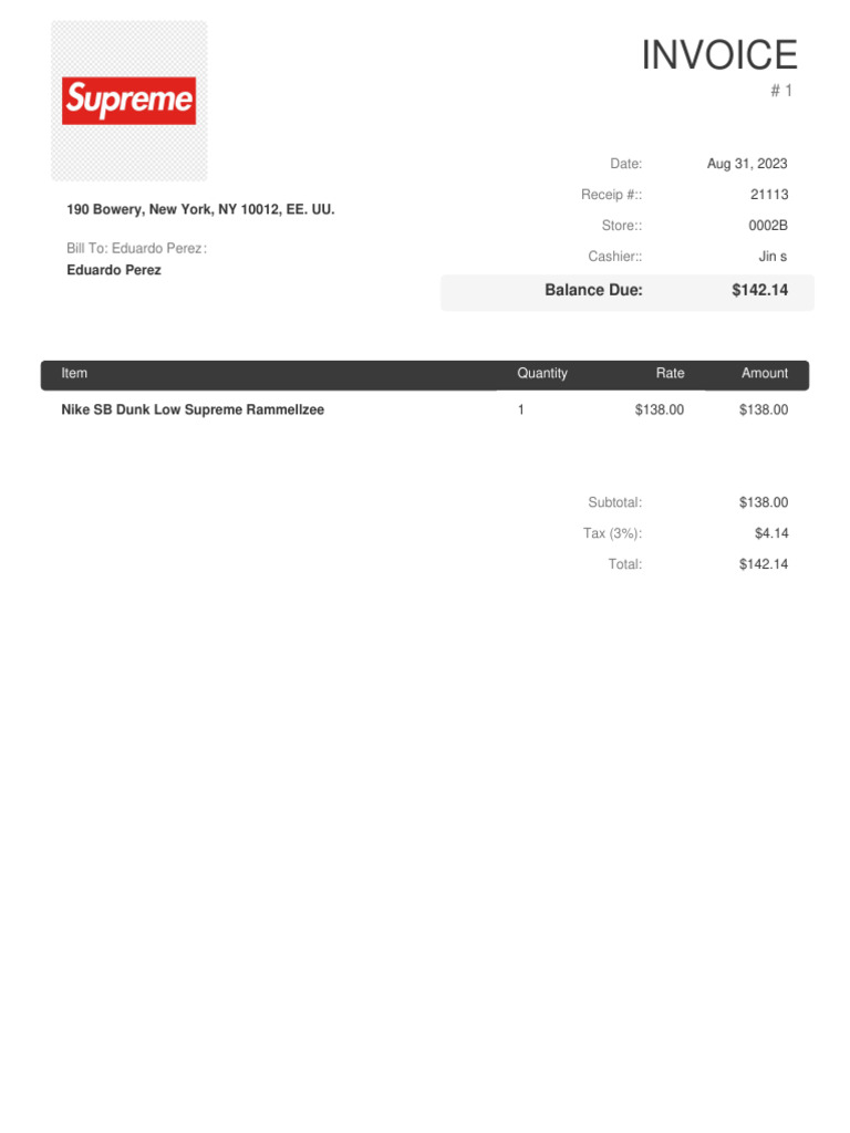 Invoice for Nike SB Dunk Low Purchase | PDF