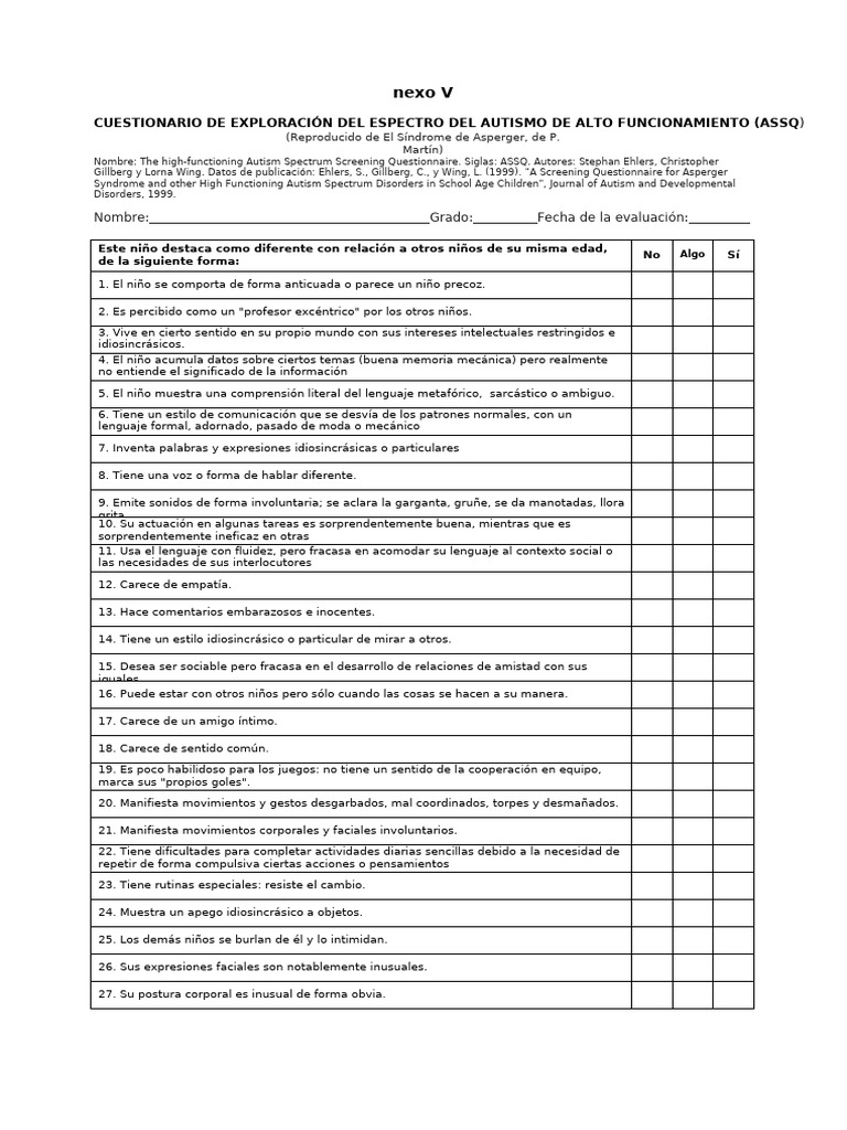 Cuestionario ASSQ Alto Funcionamiento | PDF | Síndrome de Asperger ...