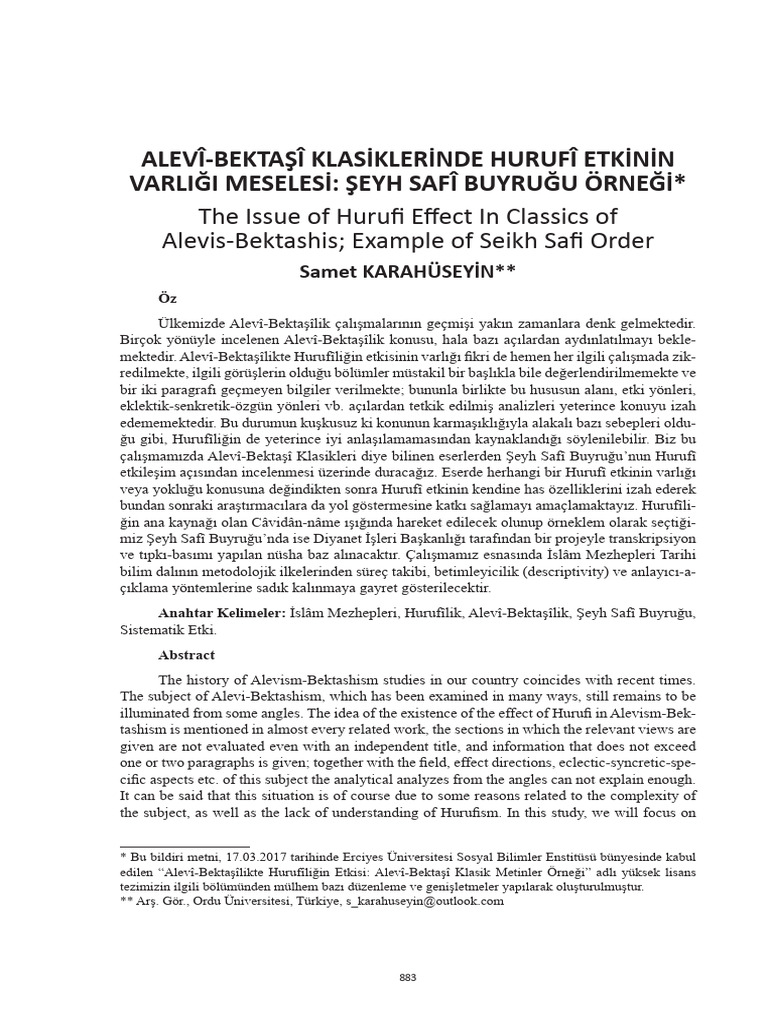 ALEVÎ-BEKTAŞÎ KLASİKLERİNDE HURUFÎ ETKİNİN VARLIĞI MESELESİ ŞEYH SAFÎ ...