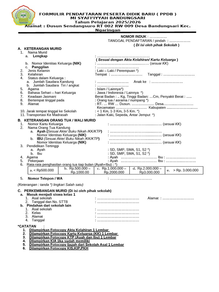 Formulir PPDB MI Syafi'iyyah 2025/2026 | PDF