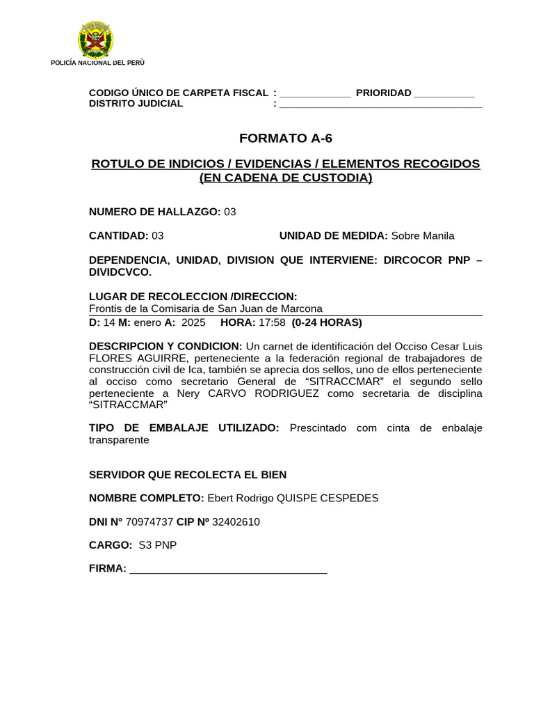 Rotulo de Indicios y Evidencias | PDF