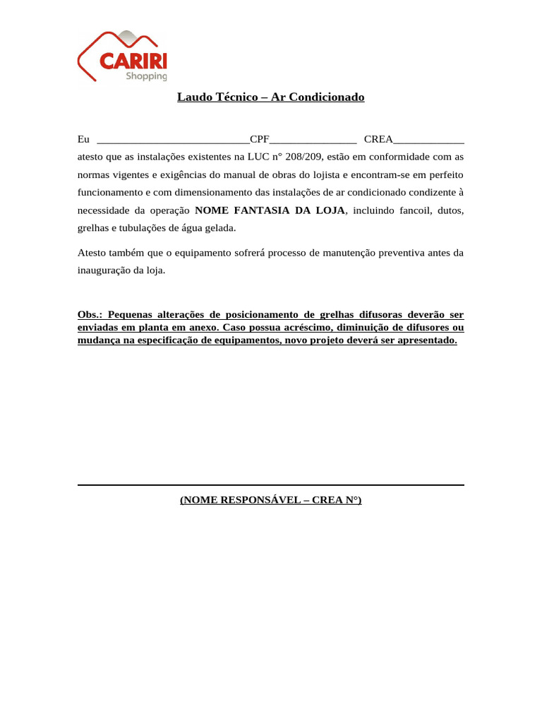 07 - Modelos - Laudo Técnico | PDF | Ar condicionado