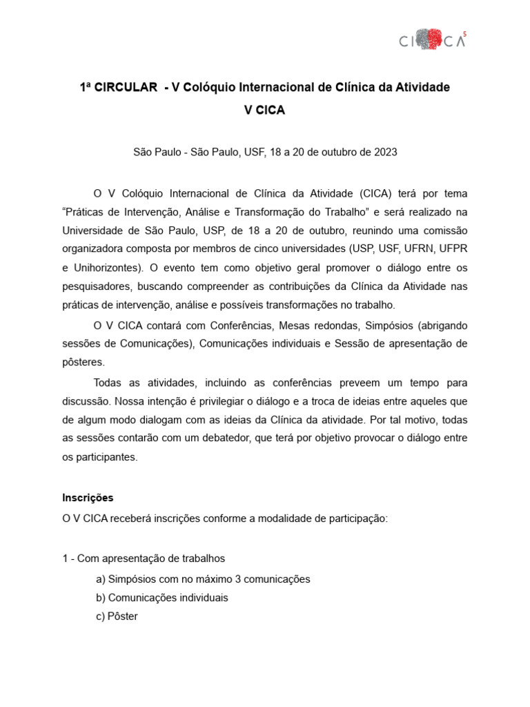 1 Circular CICA - 2023 | PDF | Comunicação | São Paulo