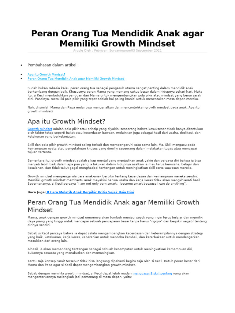 Peran Orang Tua Mendidik Anak agar Memiliki Growth Mindset | PDF