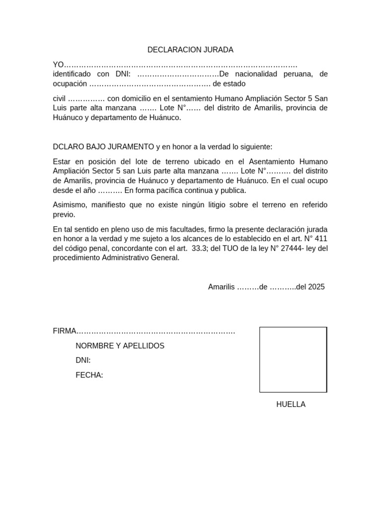 Declaración Jurada de Propiedad Terrenal | PDF