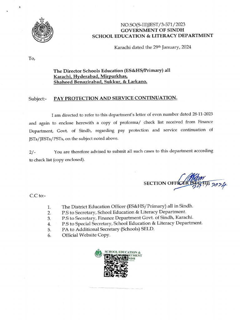Letter To Director (ESHS-Primary) All For Pay Protection and Service ...