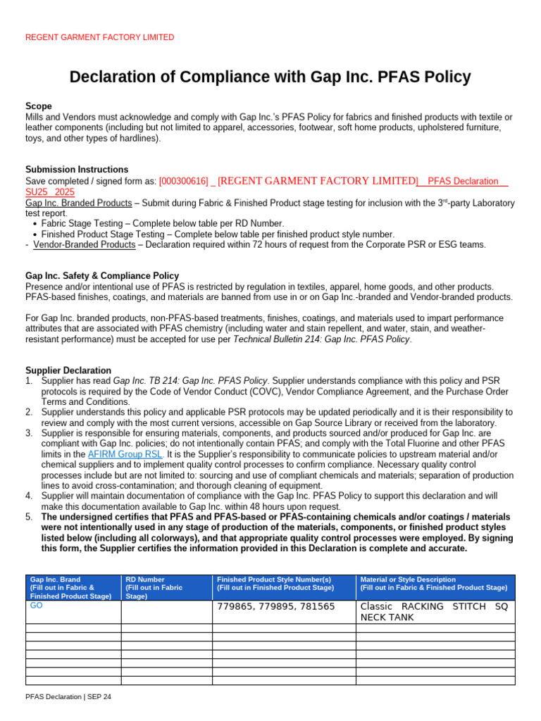 Declaration - Gap Inc. PFAS Policy - 2035 | PDF | Textiles | Clothing