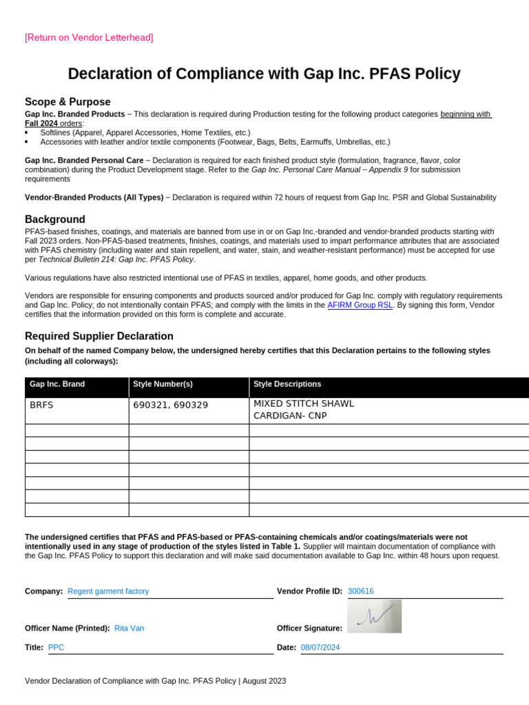 Gap Inc. PFAS Compliance Declaration | PDF