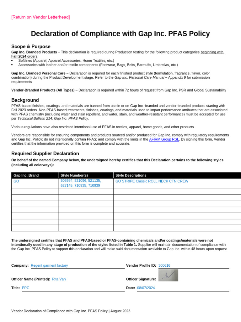 PFAS Declaration - Aug 2023 - 10040 | PDF