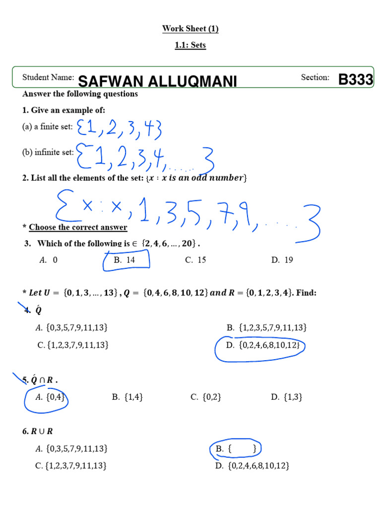 Math Sets Worksheet for Students | PDF
