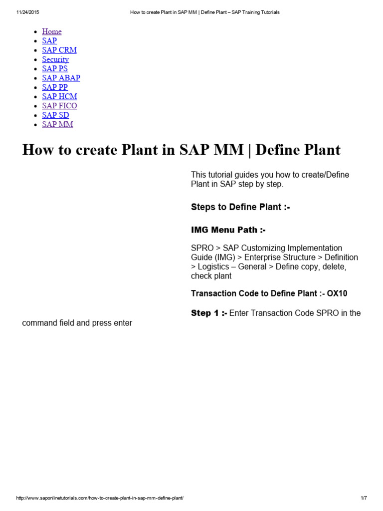 Create Plant in SAP MM Tutorial | PDF | Computing | Software