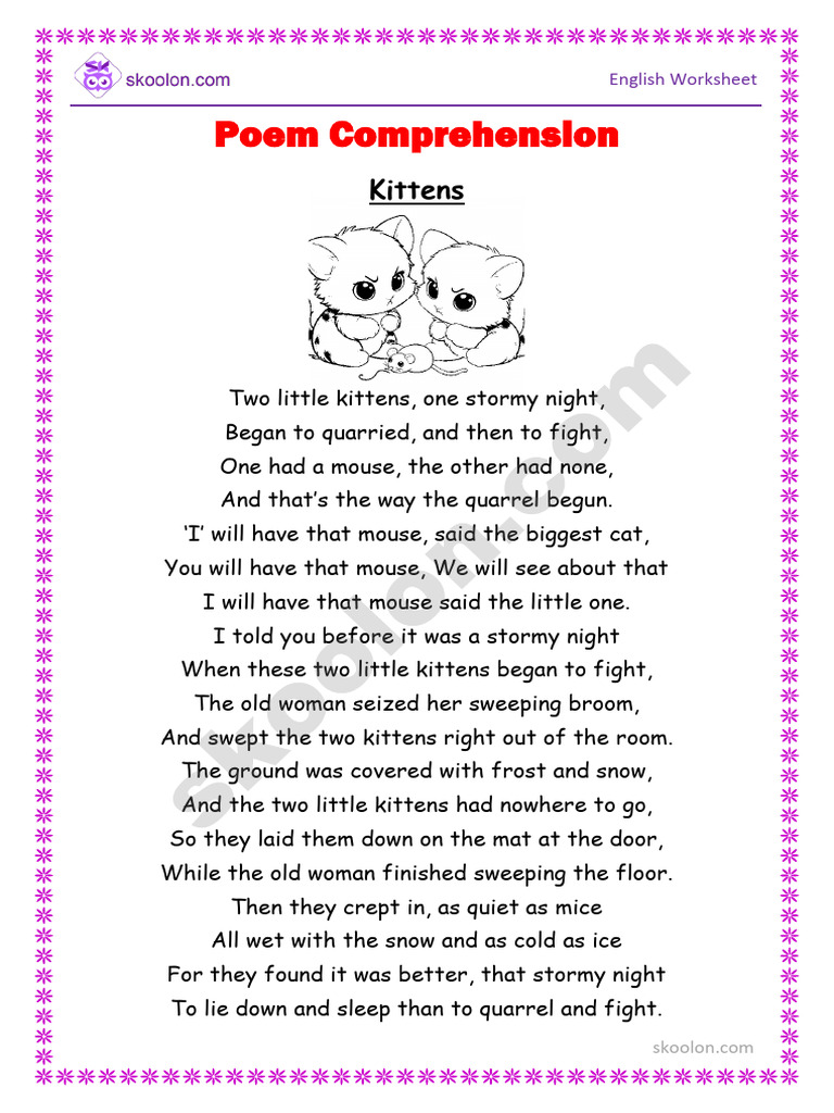 Poem Comprehension: Kittens Worksheet | PDF