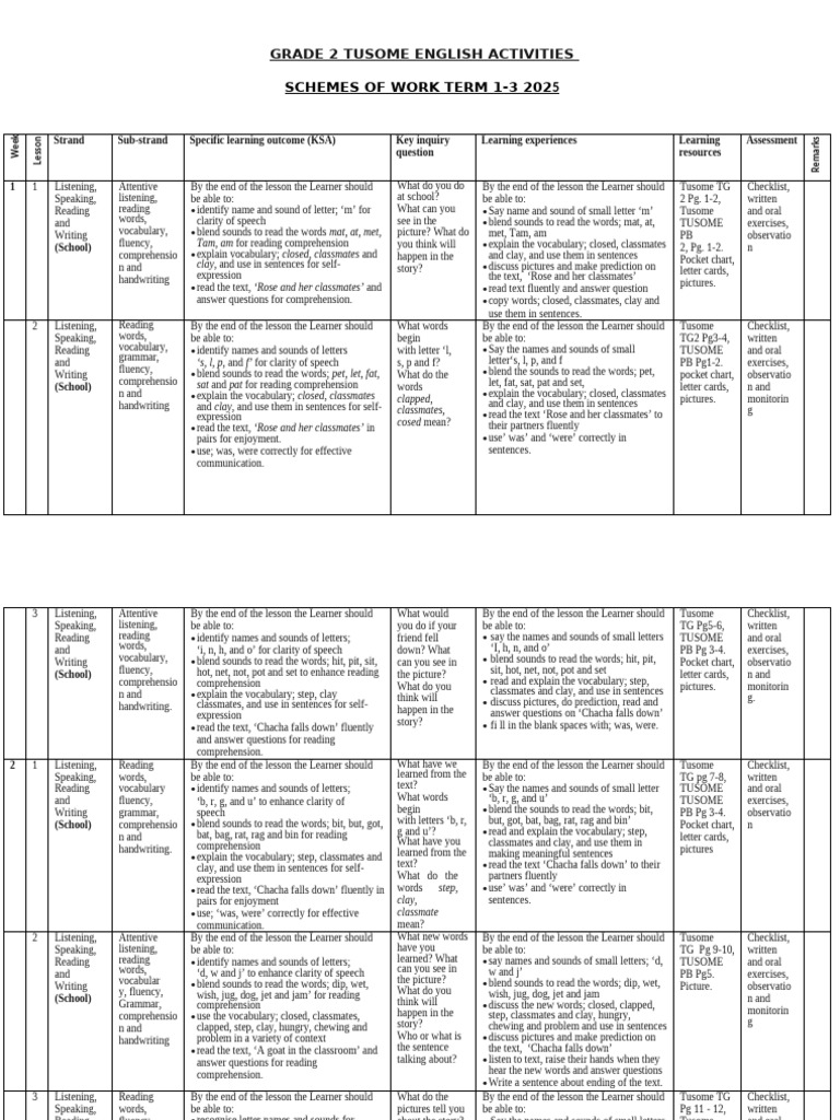 Grade 2 Term 1 English Schemes v2 | PDF | Reading Comprehension | Fluency