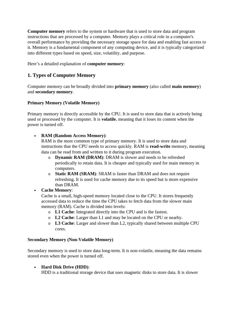 Computer Memory Refers To The System Or Hardware That Is Used To Store Data And Program