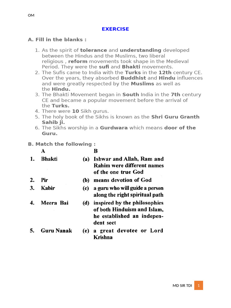 Exercise Bhaktism Class 7 | PDF | Bhakti Movement | Bhakti