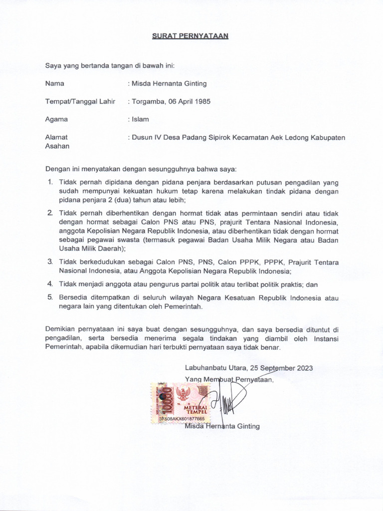 Surat Pernyataan Misda | PDF