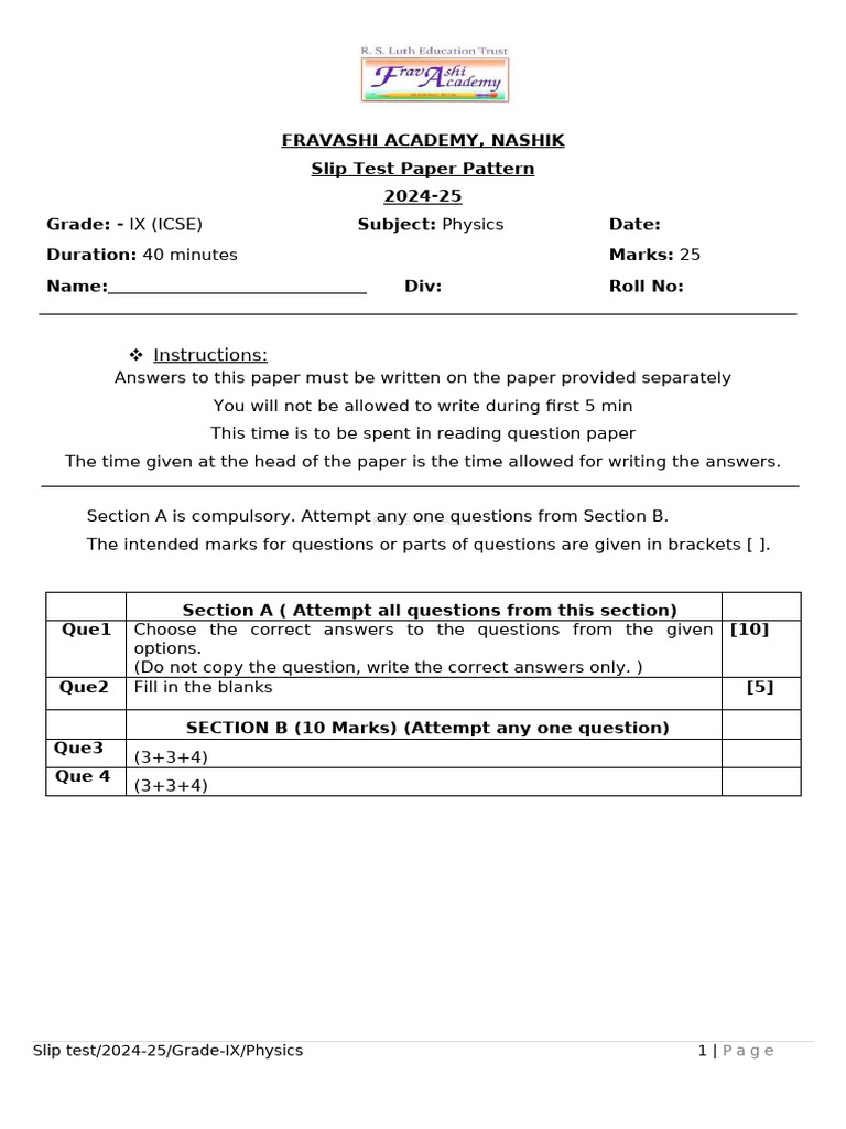 Grade IX Physics Slip Test 2024-25 | PDF