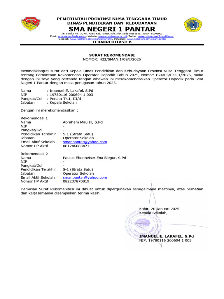 Rekomendasi Operator Dapodik 2025 NTT | PDF