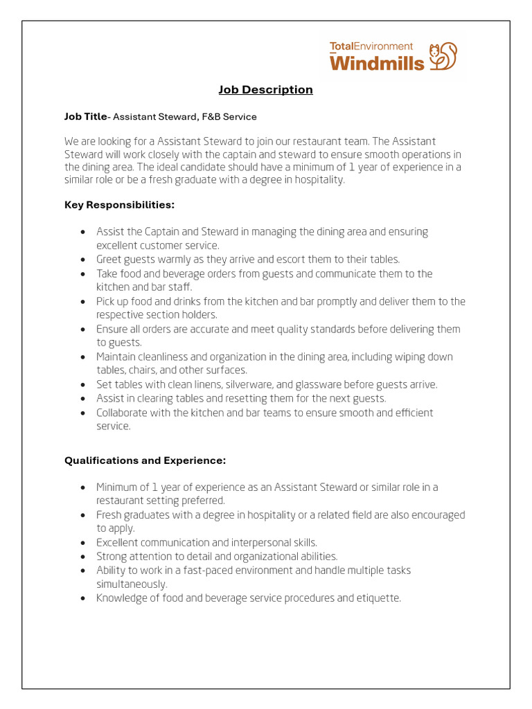 FOH - Asst Steward | PDF