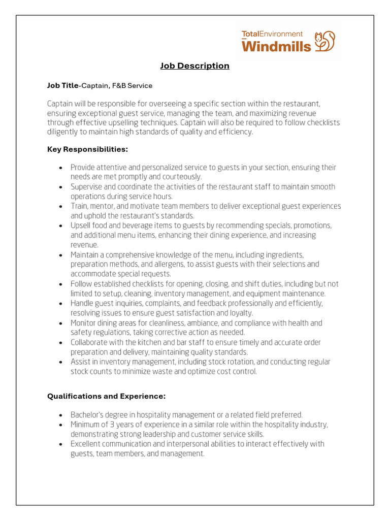 F&B Captain Job Responsibilities | PDF | Restaurants | Occupational ...