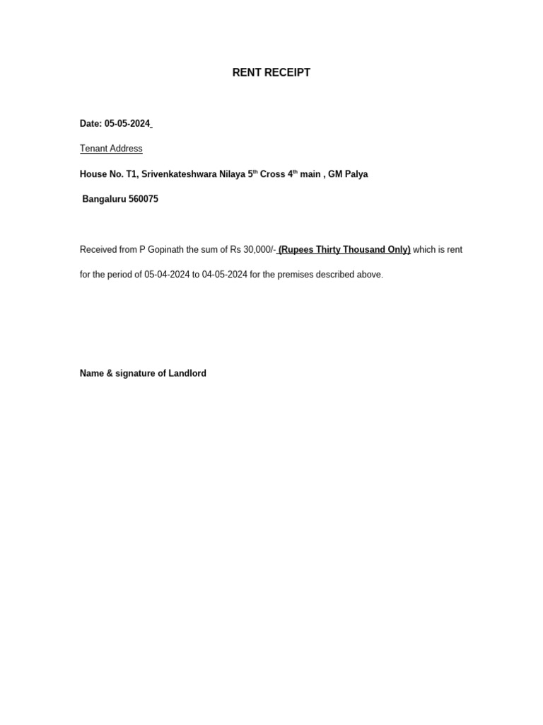 Rent Receipt for April 2024 Payment | PDF