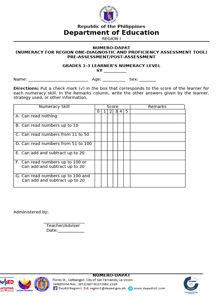 gr3 Luna Assessment Tools - NumeRO DAPAT 2 | PDF | Learning | Behavior Modification