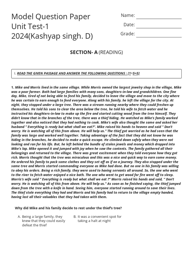 Model Question Paper Unit Test 12024kashyap Singh d (1) Imptont | PDF