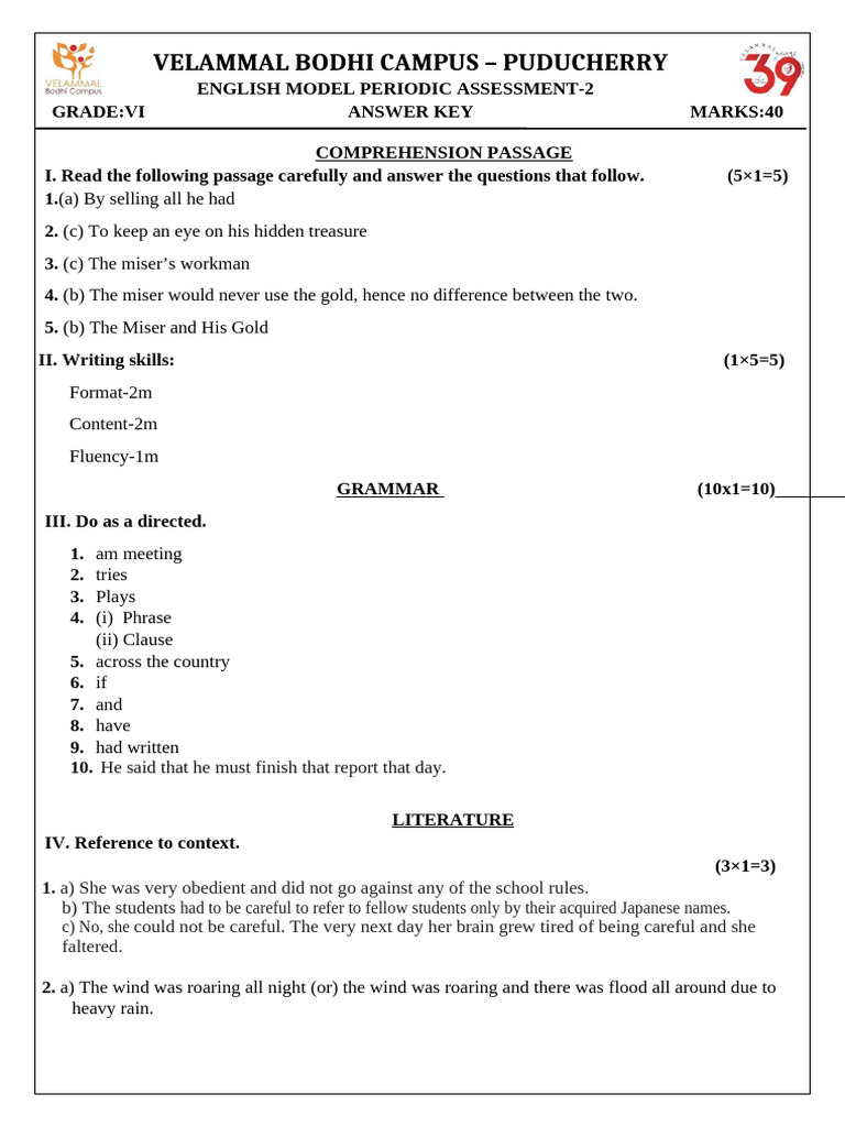 Grade 6-PA2 ENGLISH Model Answer Key 051224 | PDF
