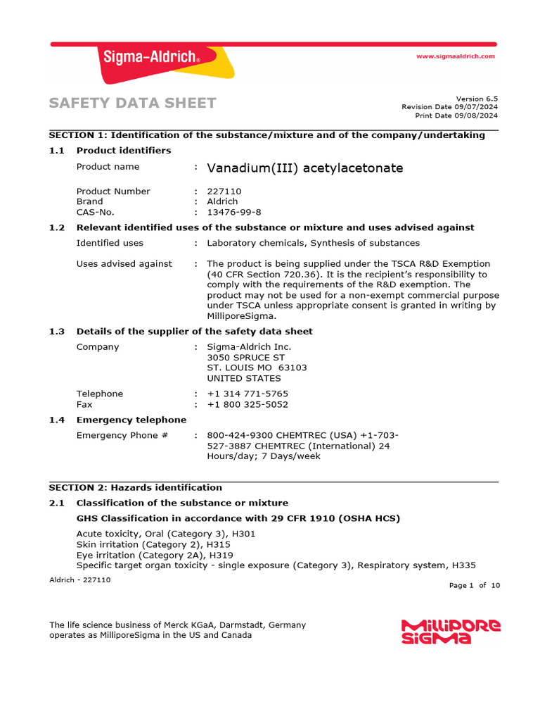 Vanadium (III) Acetylacetonate | PDF | Occupational Safety And Health ...