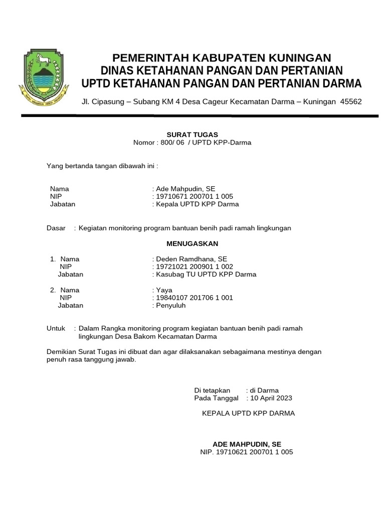 SURAT TUGAS UPTD | PDF