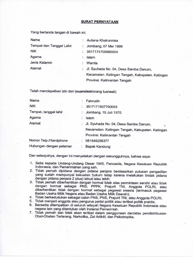 Surat Pernyataan Auliana Bubuh | PDF