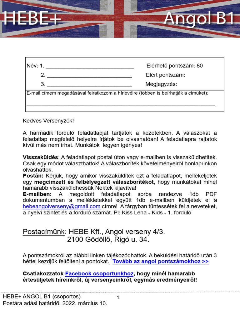 HEBE+ Angol B1 Verseny Feladatlap | PDF