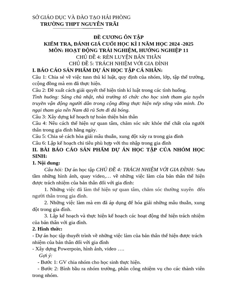 k11 Đề Cương Ôn Tập Kt Đg Cuối Hk1 Môn Hđtn,Hn 2024-2025 | PDF