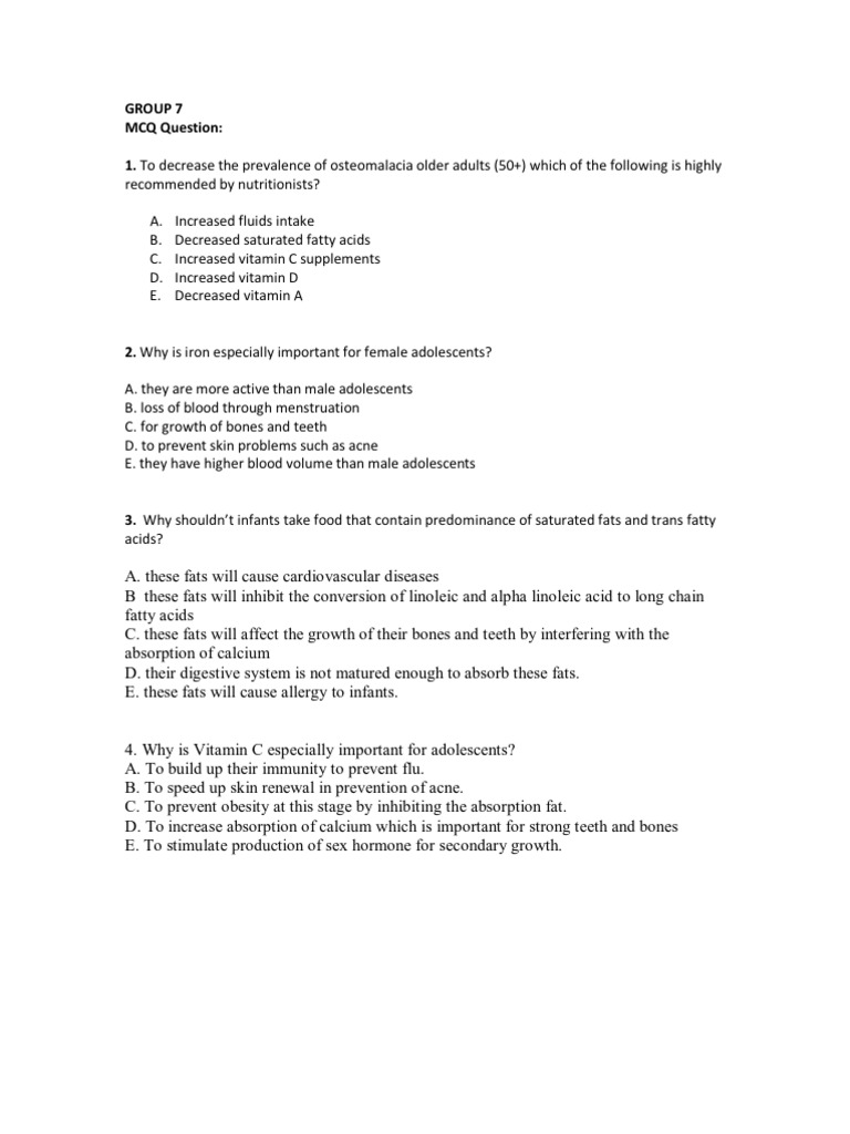 Nutrition MCQs for Study | PDF