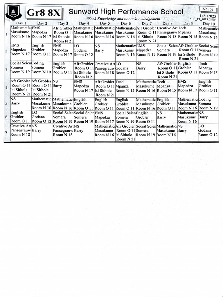 2025 GR 8 Timetables | PDF