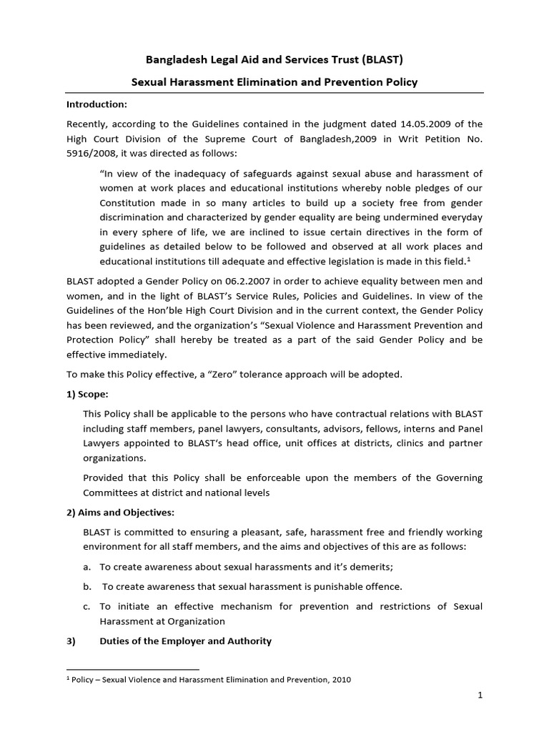 BLAST Sexual Harassment Prevention Policy | PDF | Sexual Harassment ...